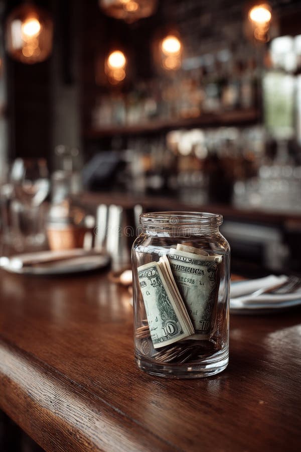 Close Up of Money Tips in the Glass Jar on the Bar Counter Stock ...