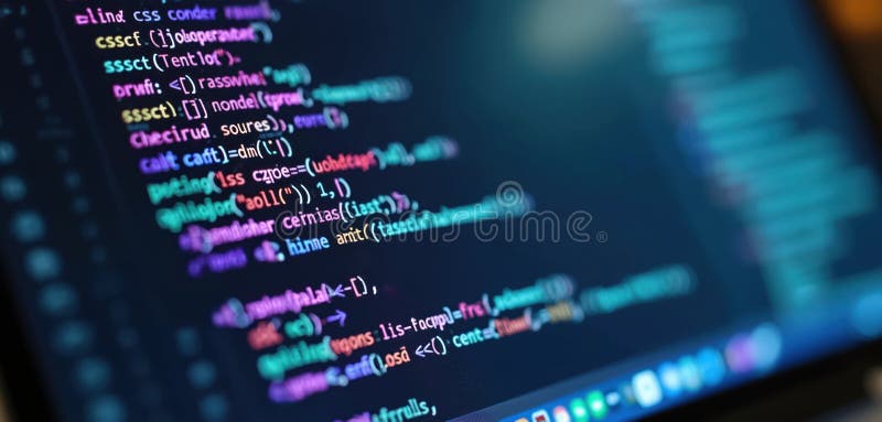 Close-up of Monitor Screen with Program Source Code. Dark Blue ...