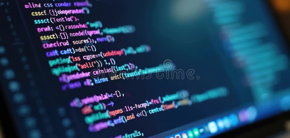 Close-up of Monitor Screen with Program Source Code. Dark Blue ...