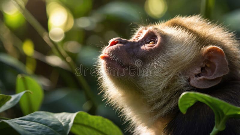 Adorable Capuchin Monkey Gazing Upward in Lush Rainforest Stock ...