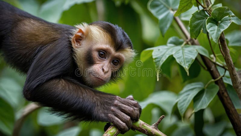 A Close-up of a Monkey Interacting with Its Environment in a Lush ...