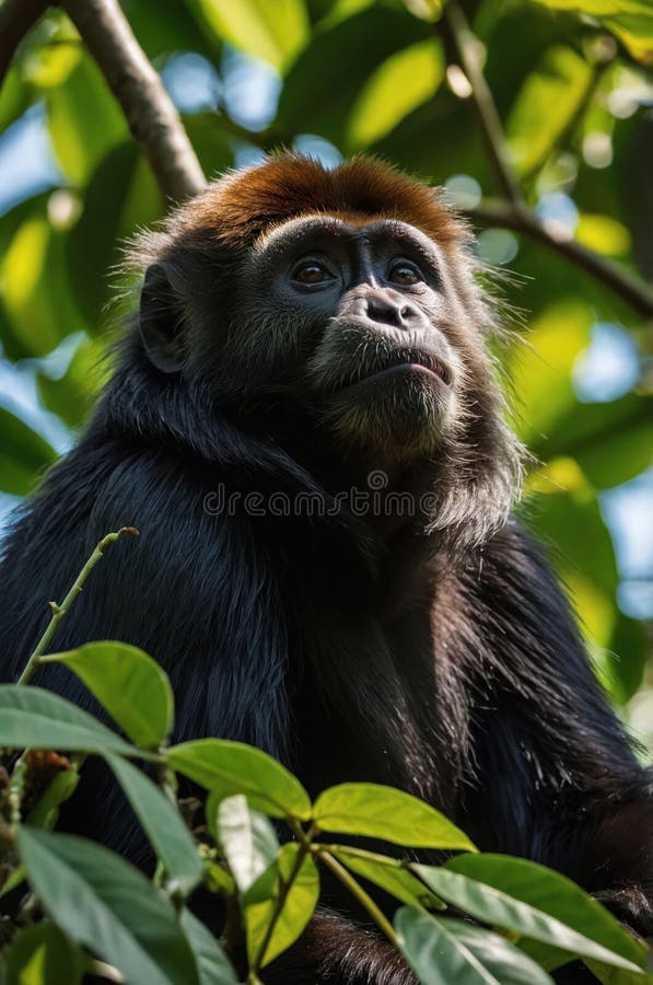 A Majestic Black-Capped Capuchin Monkey Gazing Upward in Lush Green ...
