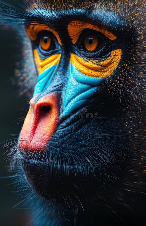 A Close Up of a Monkey S Face with a Blue and Yellow Stripe on Its Face ...