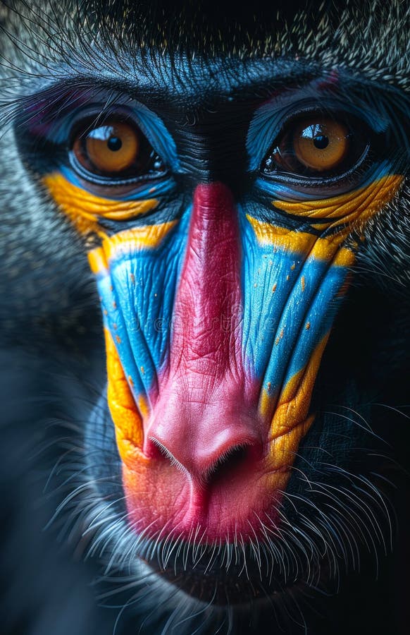 A Close Up of a Monkey S Face with a Red, Blue and Yellow Nose Stock Photo - Image of tropical ...