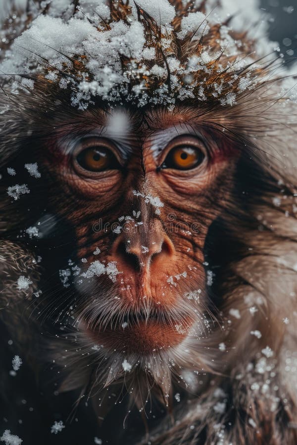 Close Up of a Monkey with Snow on Its Head, Suitable for Winter-themed ...