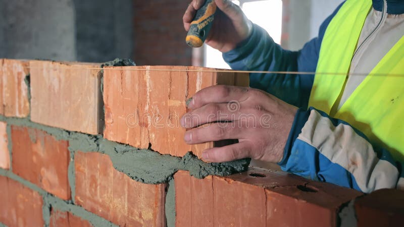 Close-up of Mortar Application on Brick Wall, Close-up of a ...
