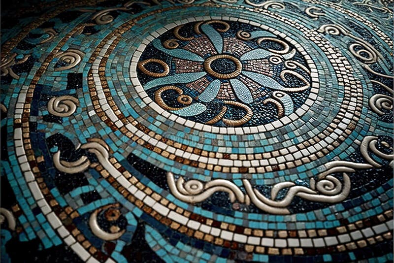 A Close Up of a Mosaic Tile Table Top with a Circular Design on it S ...