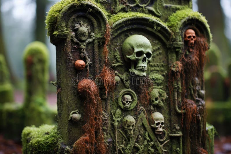 Close-up of Moss-covered Gravestone with Carved Dates Stock Image ...