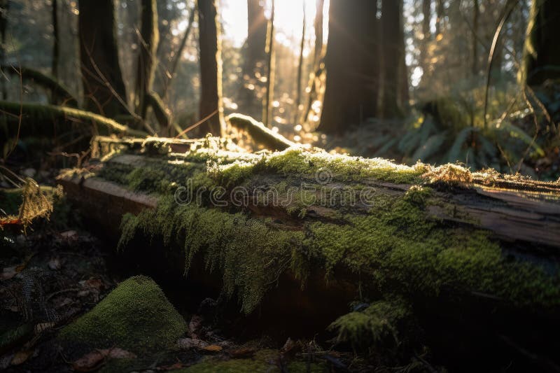 Close-up of Moss Covered Log in Forest, with Sunlight Filtering through ...