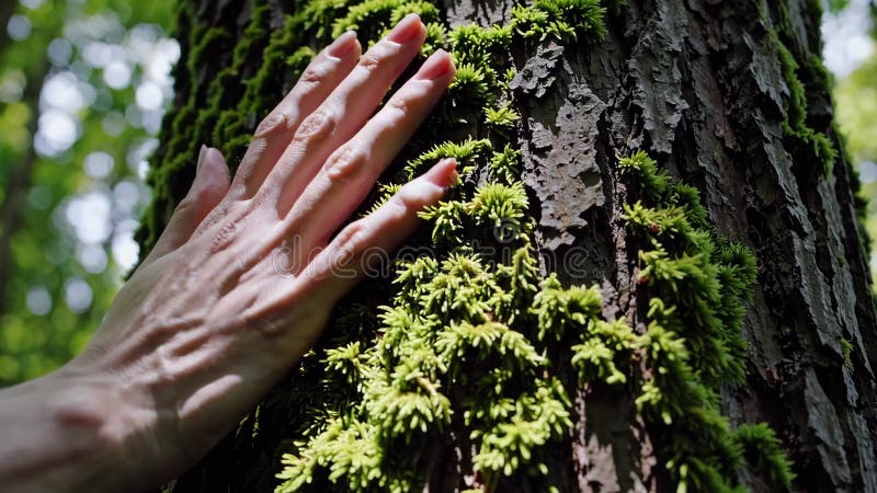 Close-up of Moss-covered Tree Bark with Human Hand, Nature and Texture ...