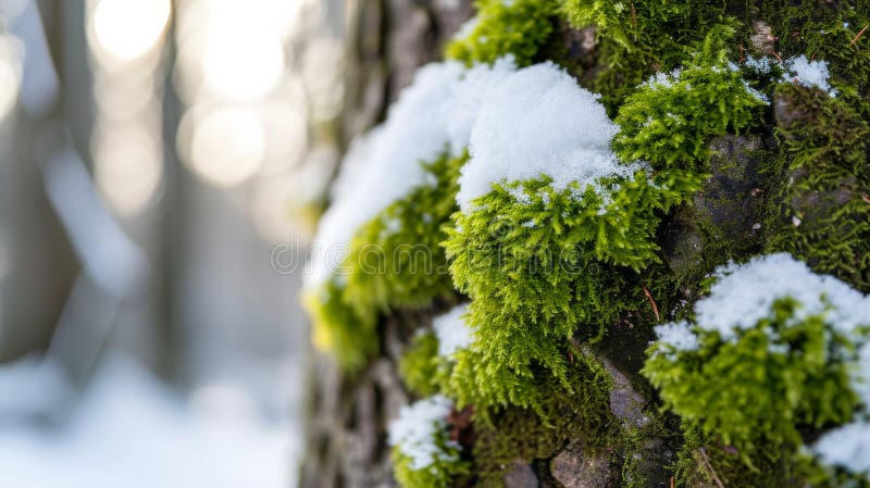 Close-up of Moss-covered Tree with Snow in Winter Forest, Serene Nature ...