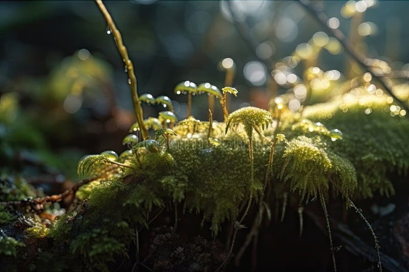 Close-up of Moss in Forest, with Dew Drops and Sunshine Stock ...