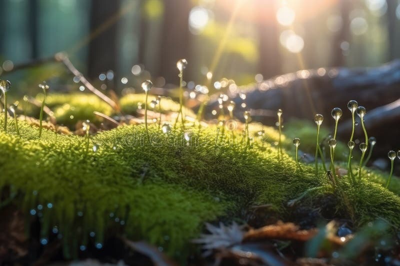 Close-up of Moss in Forest, with Dew Drops and Sunshine Stock ...