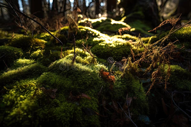 Close-up of Moss on the Ground, with Sunlight Shining through the ...
