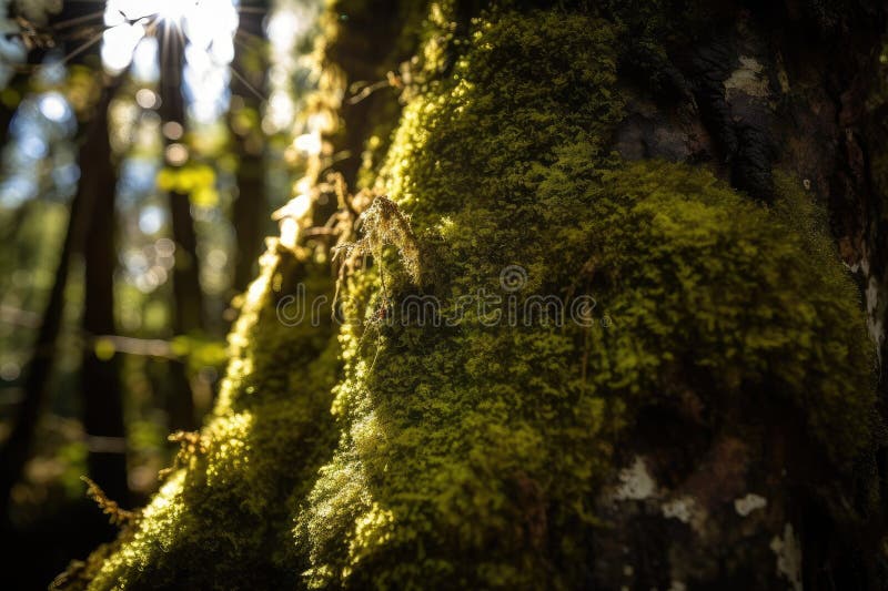 Close-up of Moss Growing on Tree Trunk, with Sunlight Peeking through ...