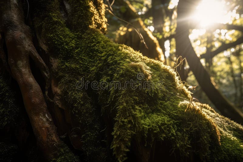 Close-up of Moss Growing on Tree Trunk, with Sunlight Peeking through ...