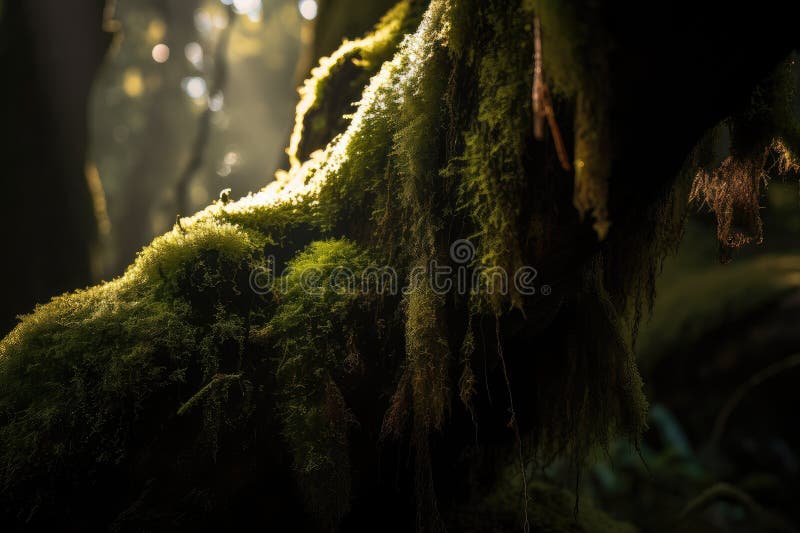 Close-up of Moss Growing on Tree Trunk, with Sunlight Peeking through ...