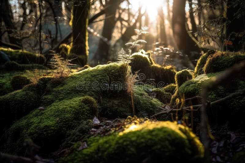 Close-up of Moss with Sun Rays Shining through the Trees Stock ...