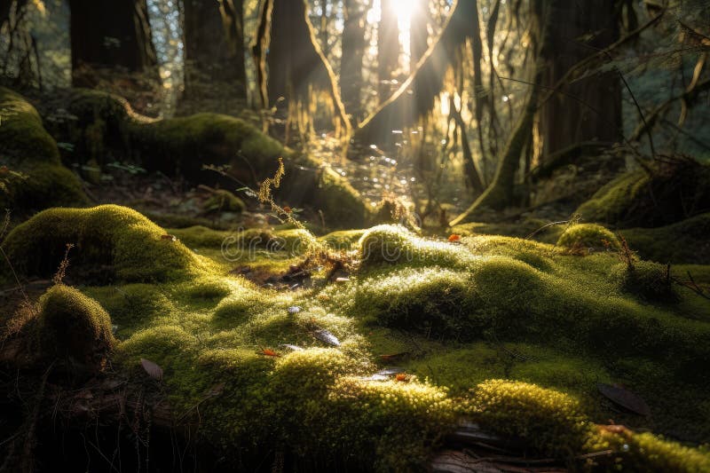 Close-up of Moss with Sun Rays Shining through the Trees Stock ...