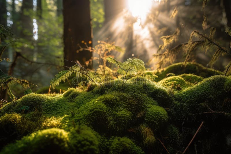 Close-up of Moss with Sun Rays Shining through the Trees Stock ...
