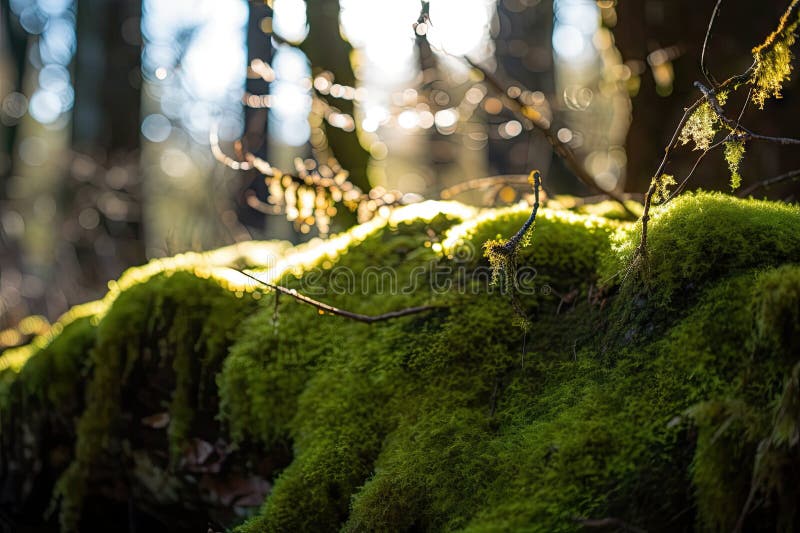 Close-up of Moss, with Sunlight Filtering through the Trees Stock Photo ...