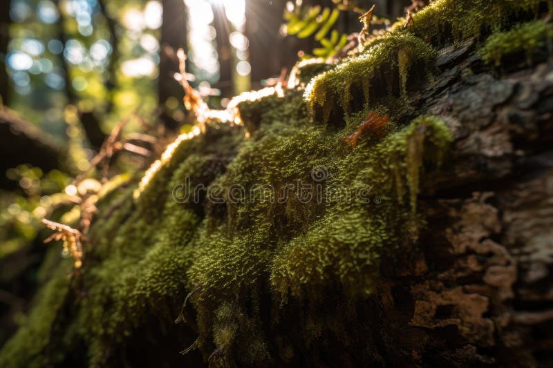 Close-up of Moss on Tree Trunk, with the Sun Shining through the Trees ...