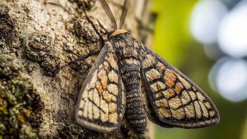 Close-up of a Moth with Intricate Wing Patterns Resting on Tree Bark ...