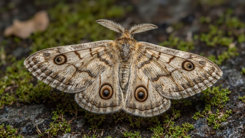 Close Up of Moth on Mossy Rock Wings Displaying Intricate Patterns and ...