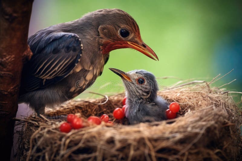 Close-up of a Mother Bird Feeding Chick in a Nest Stock Illustration ...