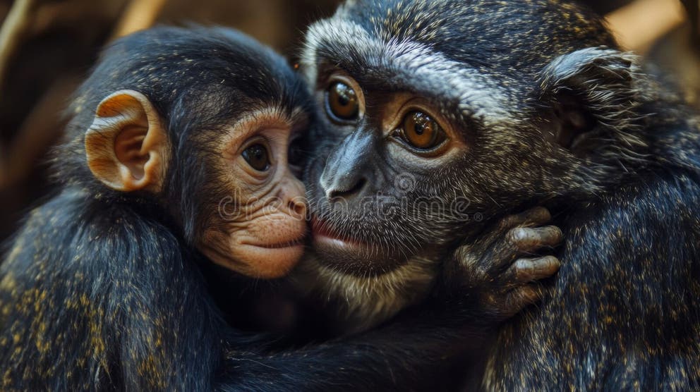 Close Up of Mother Monkey and Baby Hugging Stock Illustration ...