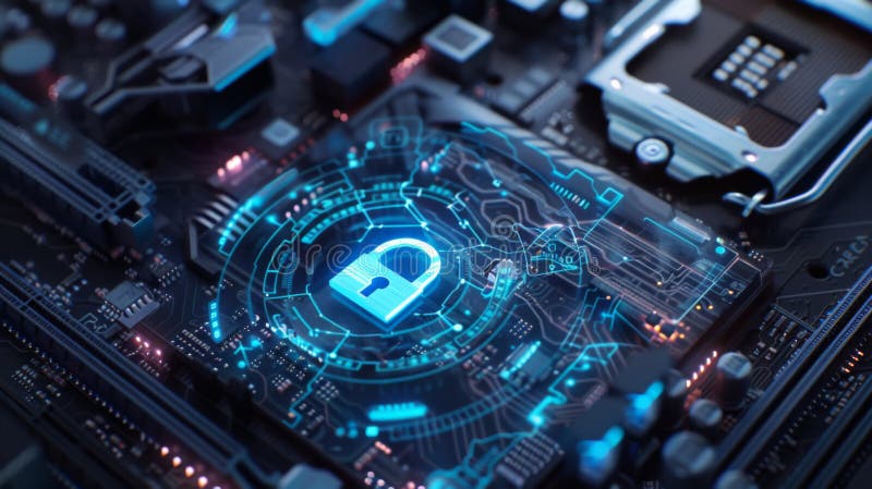 A Close-up of a Motherboard Featuring a Security Chip with a Lock ...