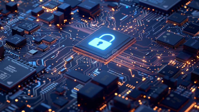 A Close-up of a Motherboard Featuring a Security Chip with a Lock ...