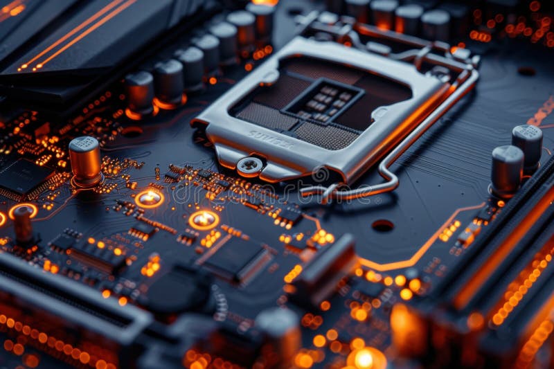 Close-up of a Motherboard with Glowing Orange Circuitry, Highlighting ...