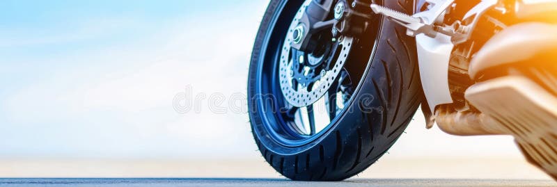 Close-up of a Motorcycle Tire Against a Bright Blue Sky Backdrop. Stock ...