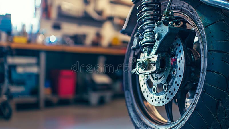 Close Up of Motorcycle Wheel in Workshop Setting. Concept of ...