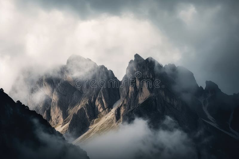 Close-up of Mountain Range with Dramatic Clouds and Mist in the Sky ...