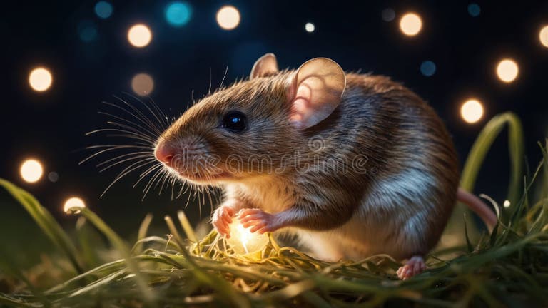 Adorable House Mouse Holding a Glowing Orb in Nighttime Grass Stock ...