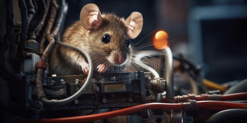 Close-up of a Mouse Inside a Machine or an Engine Looking at the Cables ...