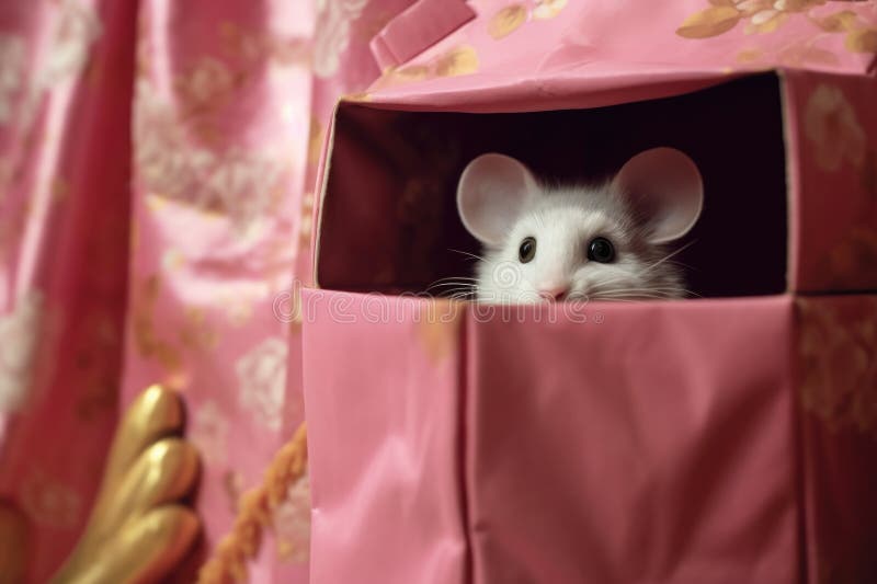 Close Up of a Mouse Peeking from a Pastel Pink Gift Box Stock ...