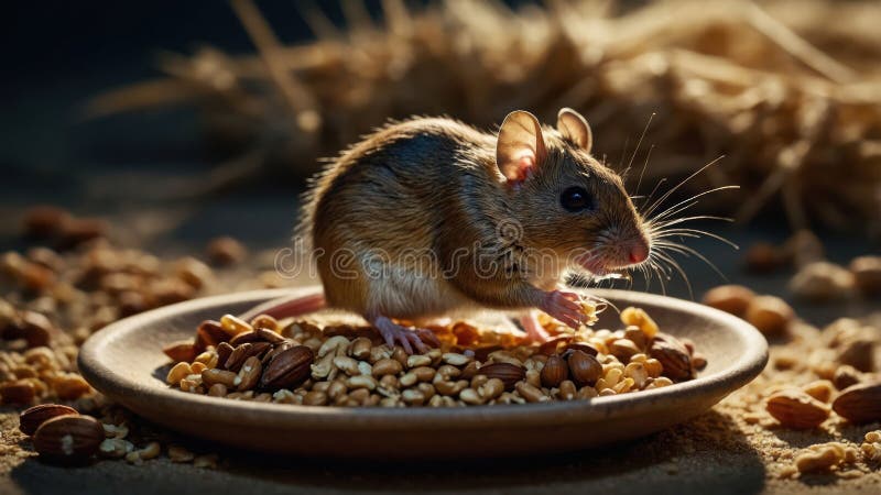 Adorable House Mouse Eating Nuts and Grains Stock Illustration ...