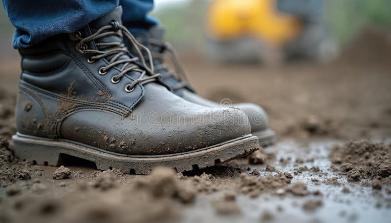 Close-up of a Muddy Work Boot on Construction Site Floor. the Boot is ...