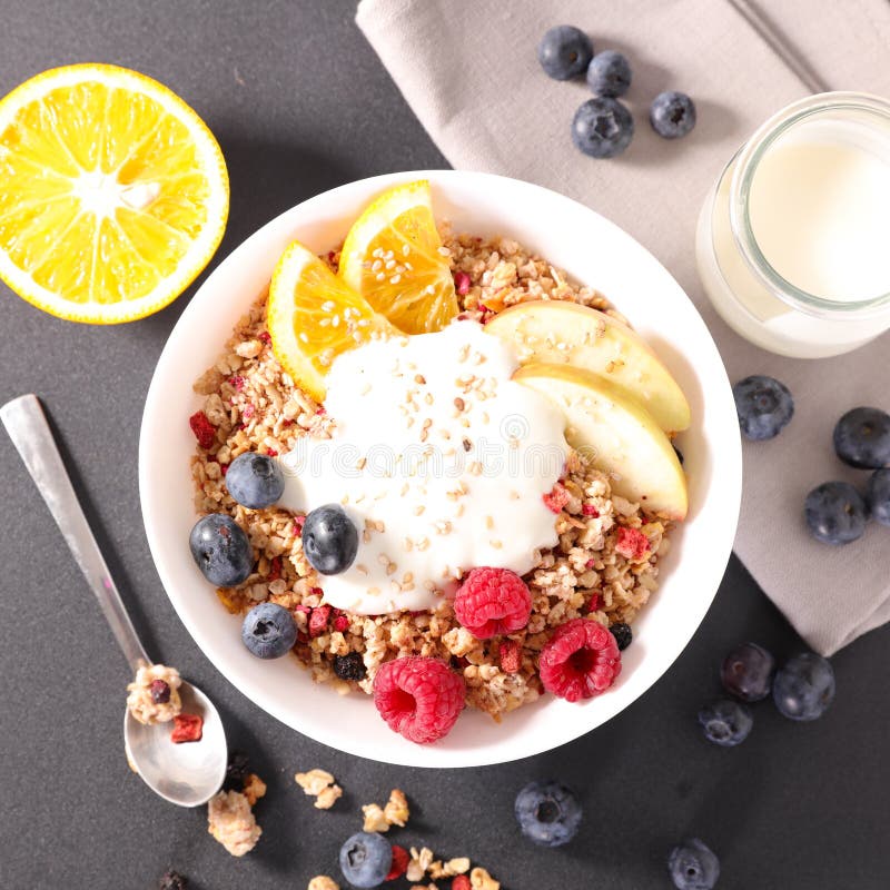 Muesli,fruit and yogurt stock image. Image of cereal - 99233189