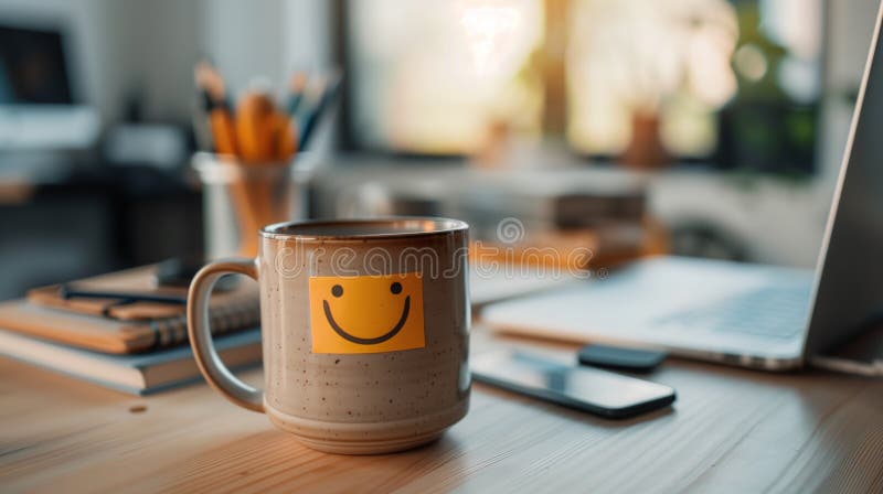 Close-up of a Mug with Smiley Face Sticker on Desk Stock Photo - Image ...