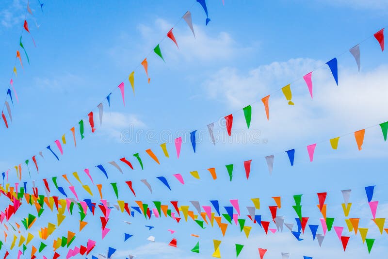 Multi Colored Party Rainbow Flags on Blue Sky for Celebration Stock ...