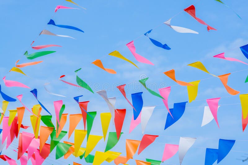 Multi Colored Party Rainbow Flags on Blue Sky for Celebration Stock ...