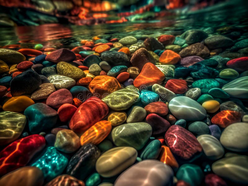Close-up of Multi-colored Pebbles are Visible Beneath Clear Water ...