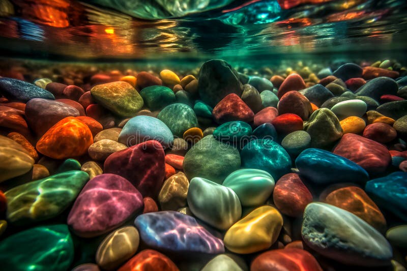 Close-up of Multi-colored Pebbles are Visible Beneath Clear Water ...