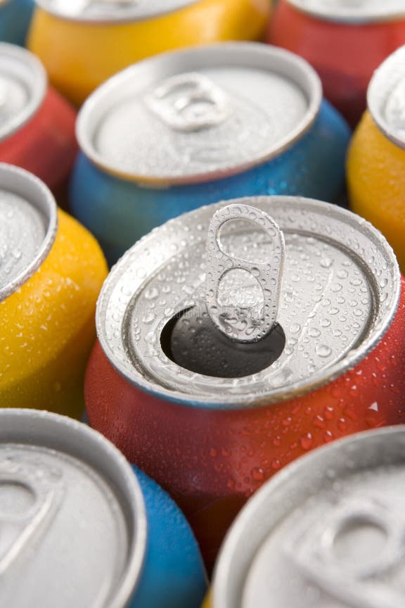 Close Up of Multi Colored Soda Cans with One Open Stock Image - Image ...