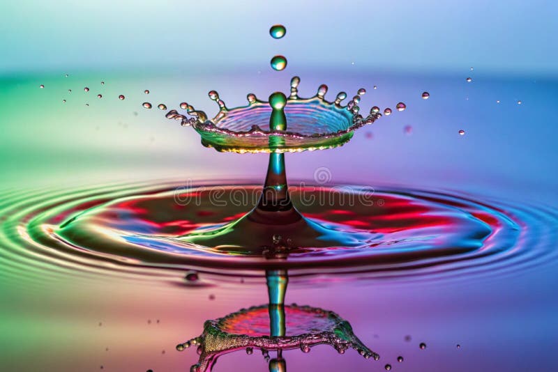 A Close-up a Multi-colored Water Droplet, Creating a Complex Splash ...