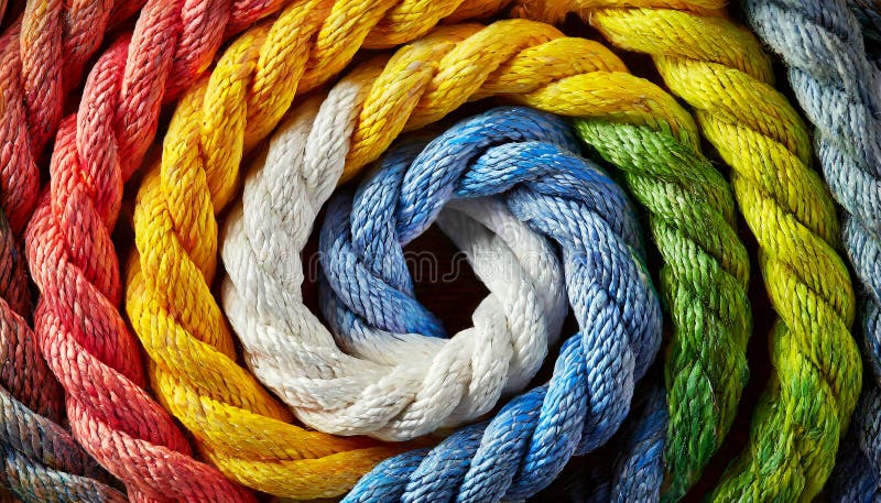 Close-up of Multicolored Ropes Intertwined - Teamwork Concept ... Close-up of Multicolored Ropes Intertwined - Teamwork Concept ...